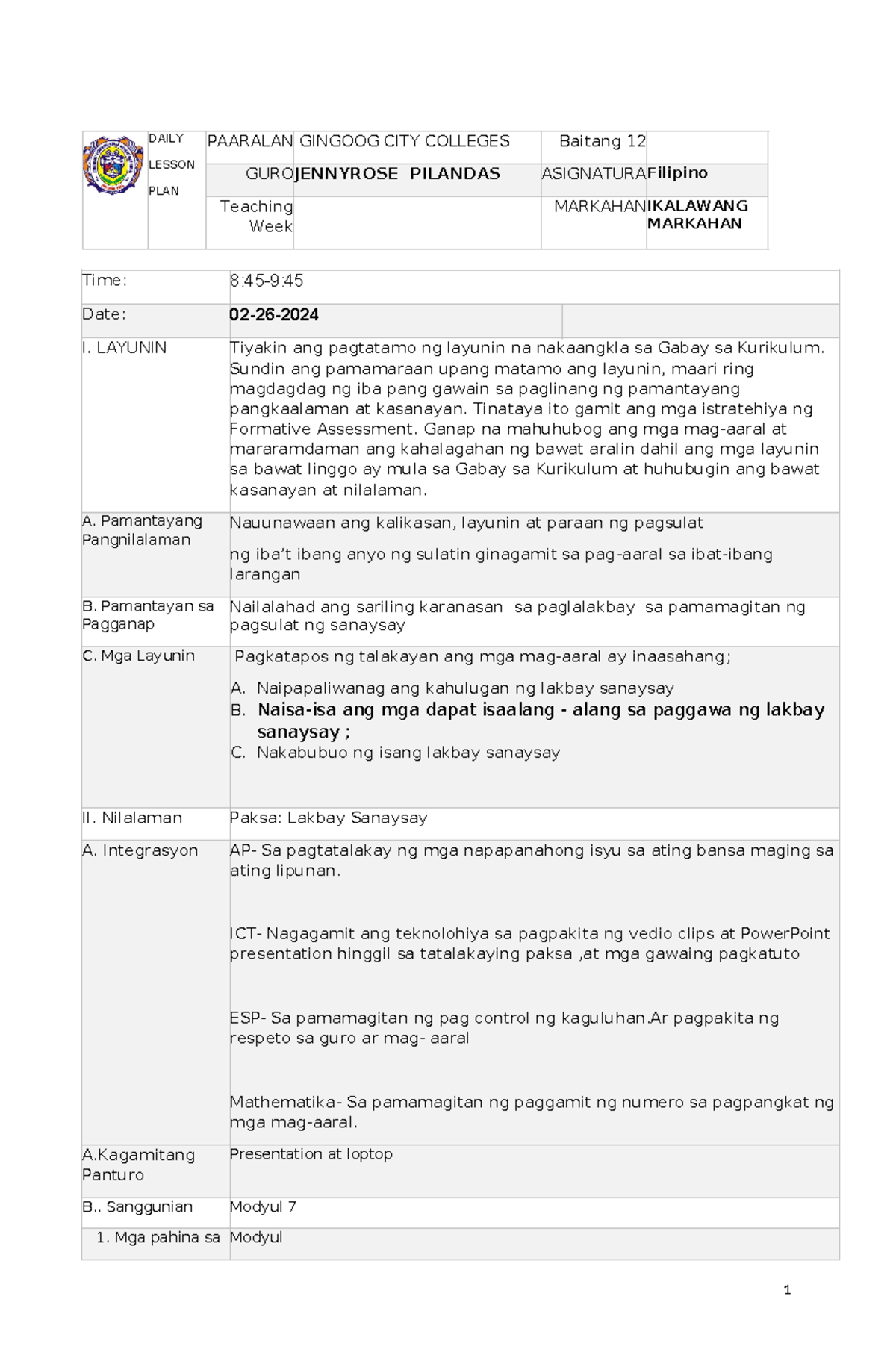 Lakbay Sanaysay Lesson Plan for Baitang 12 - Filipino Subject - Studocu