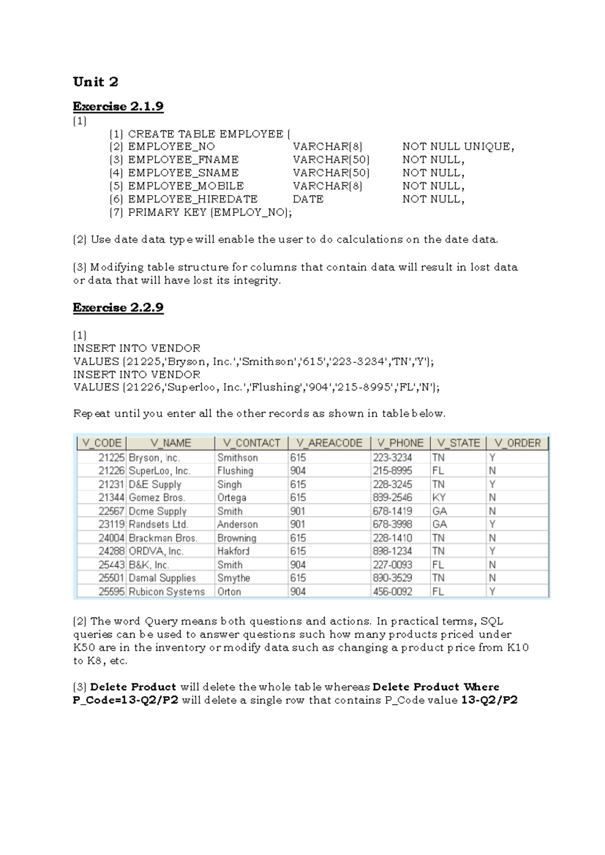 Answers for exercises 2 - Unit 2 Exercise 2. 1. (1) (1) CREATE TABLE ...