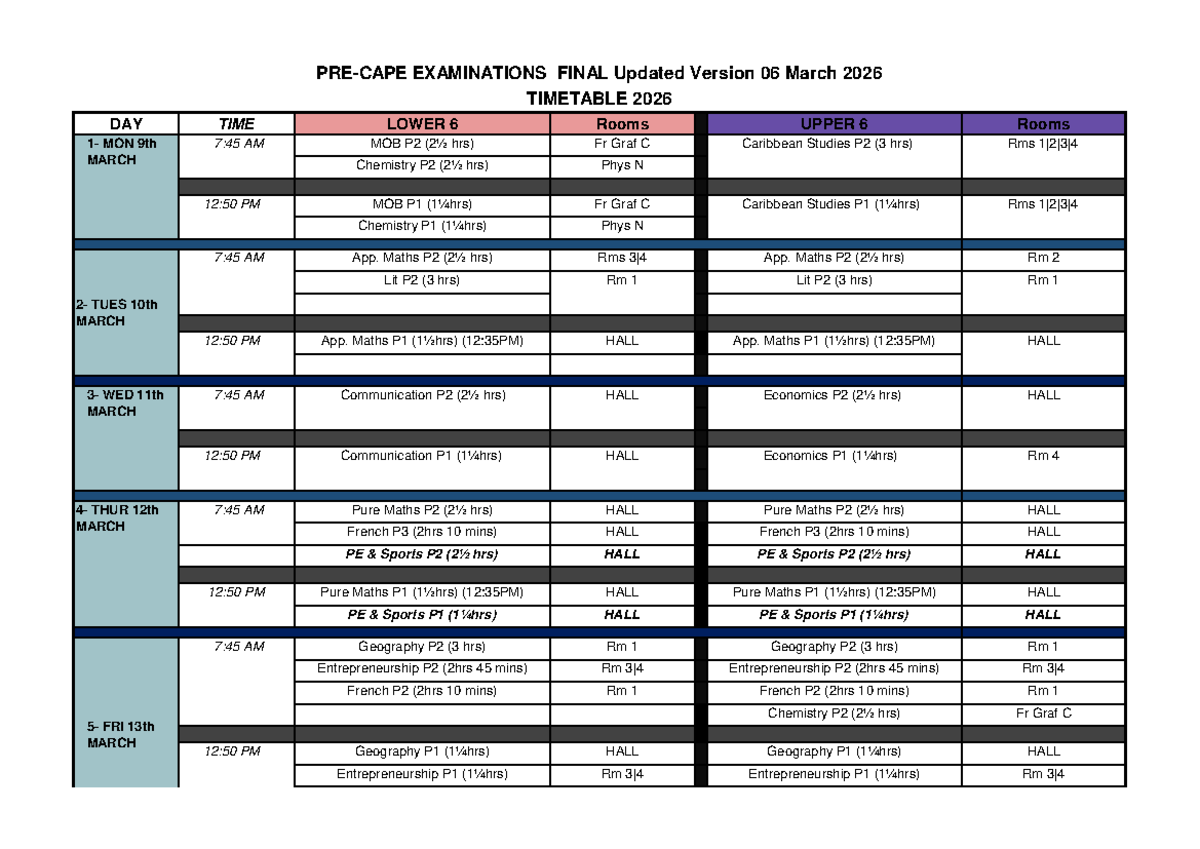 F6 Mock Exam Timetable 2026 - Updated Version - Studocu