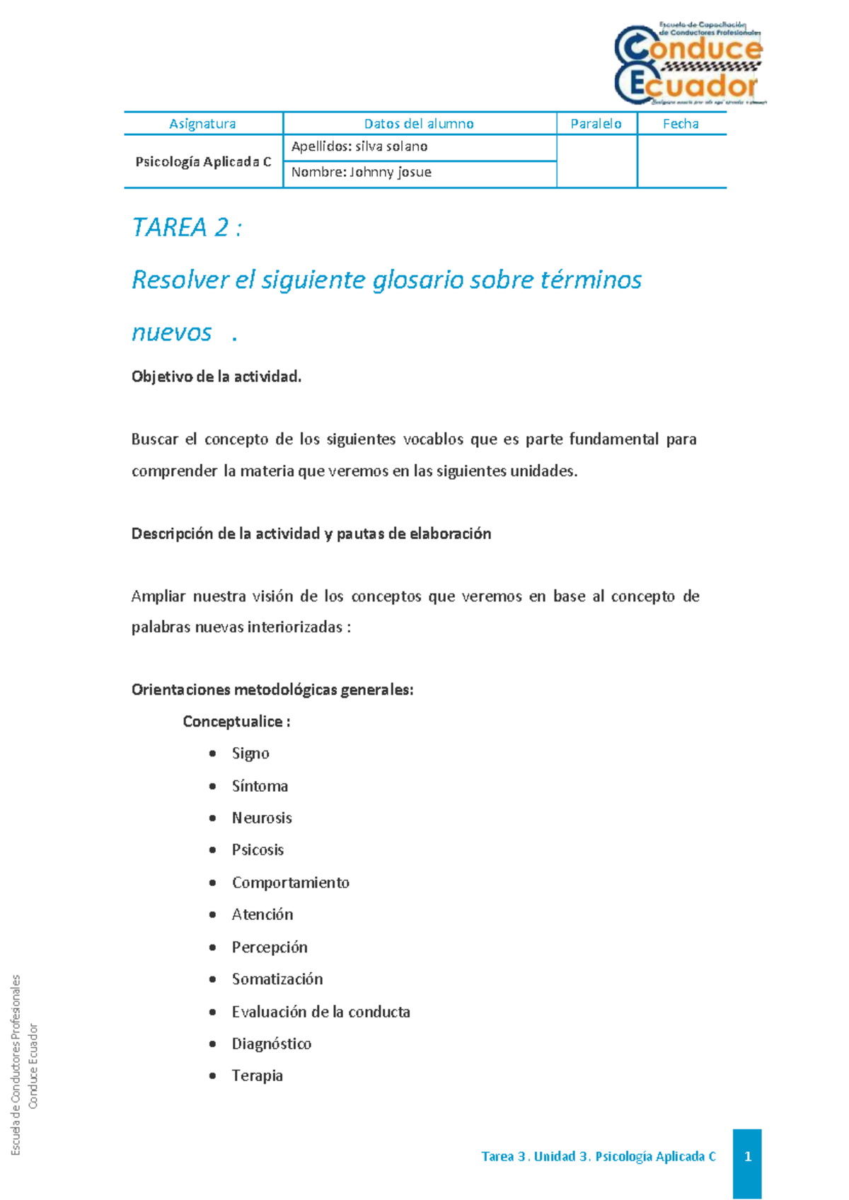 Tarea 2: Glosario de Términos en Psicología Aplicada C - Studocu