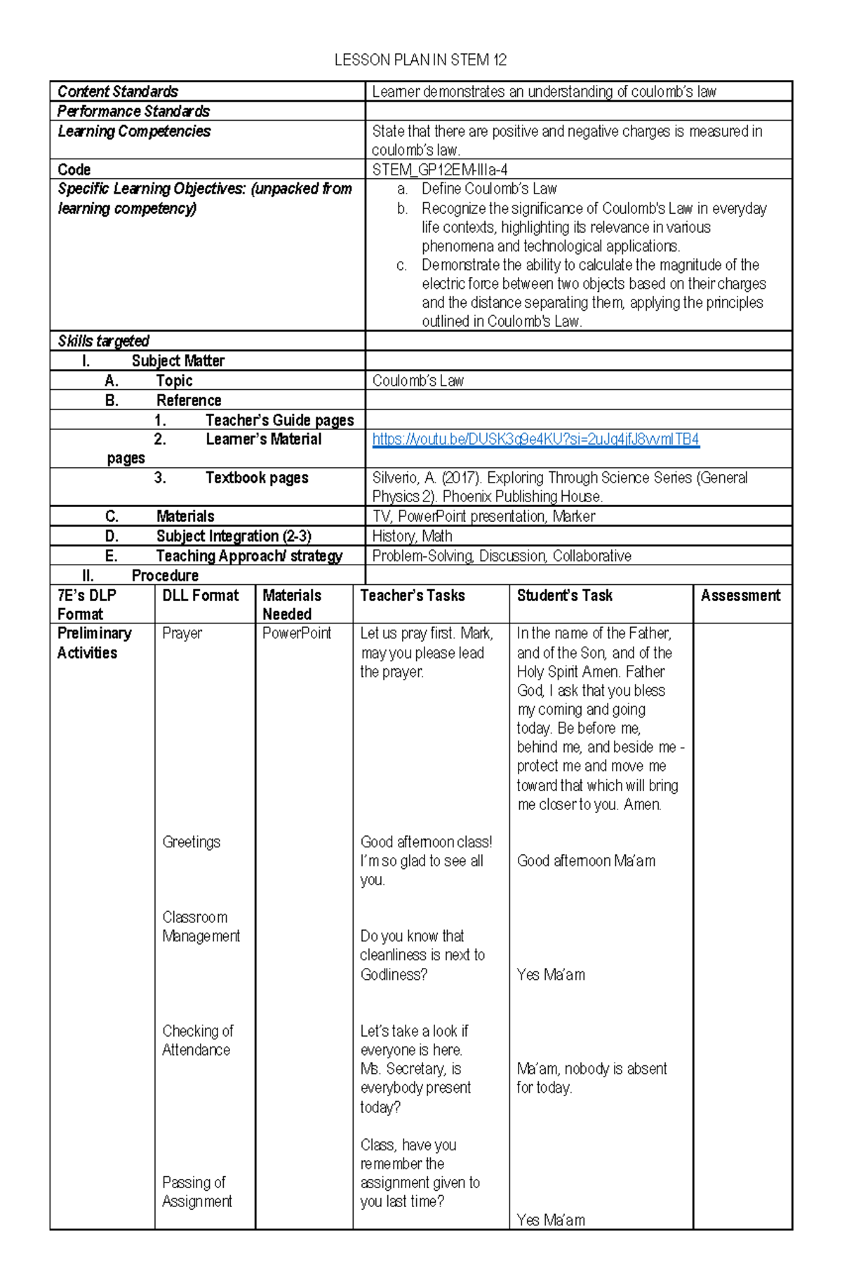 Coulomb's Law Lesson Plan - STEM_GP12EM-IIIa-4 - Studocu