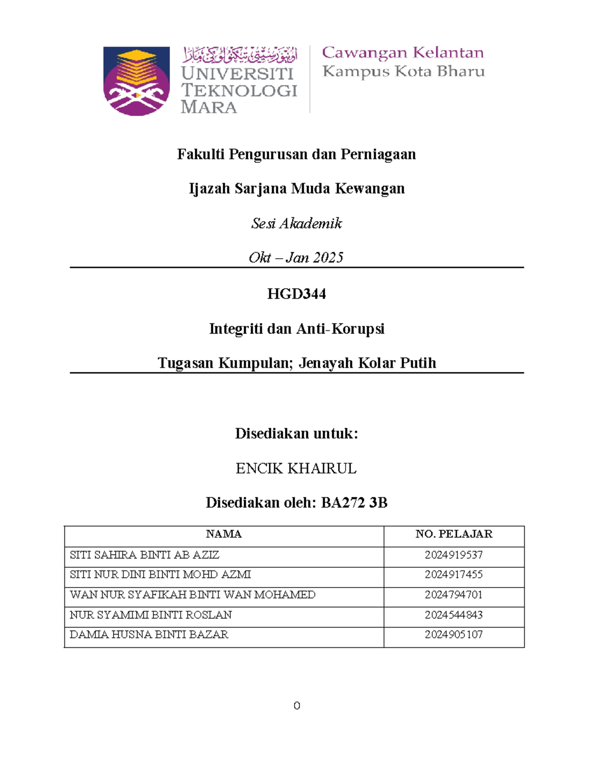 Laporan HGD334: Kajian Kes Jenayah Kolar Putih di Malaysia - Studocu