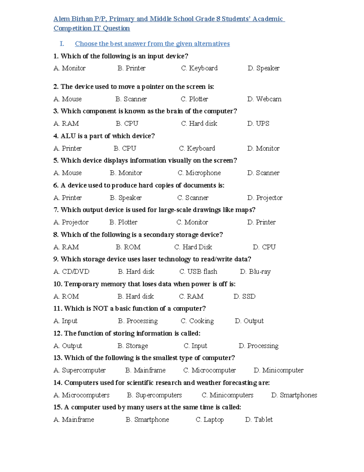 Grade 8 IT Academic Competition Questions - Alem Birhan School - Studocu