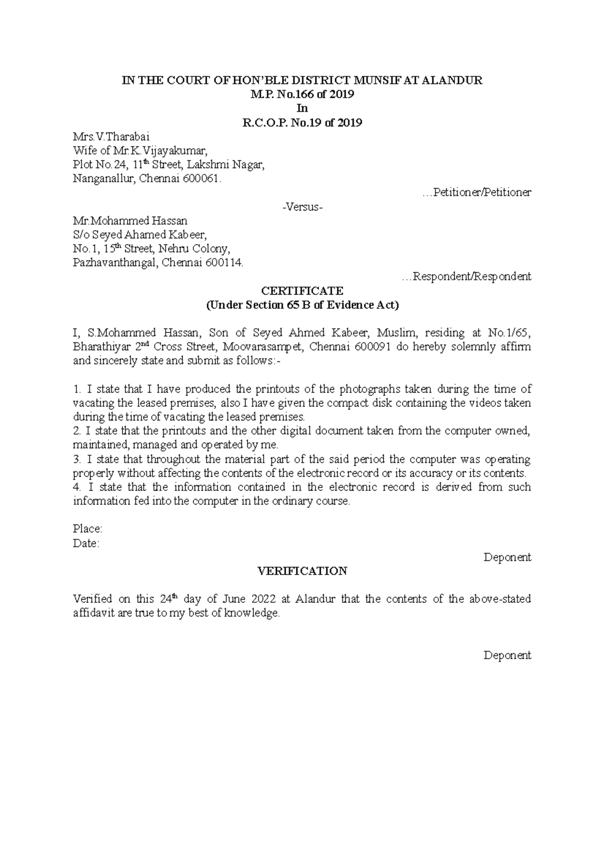 Section 65B Certificate - IN THE COURT OF HON’BLE DISTRICT MUNSIF AT ...