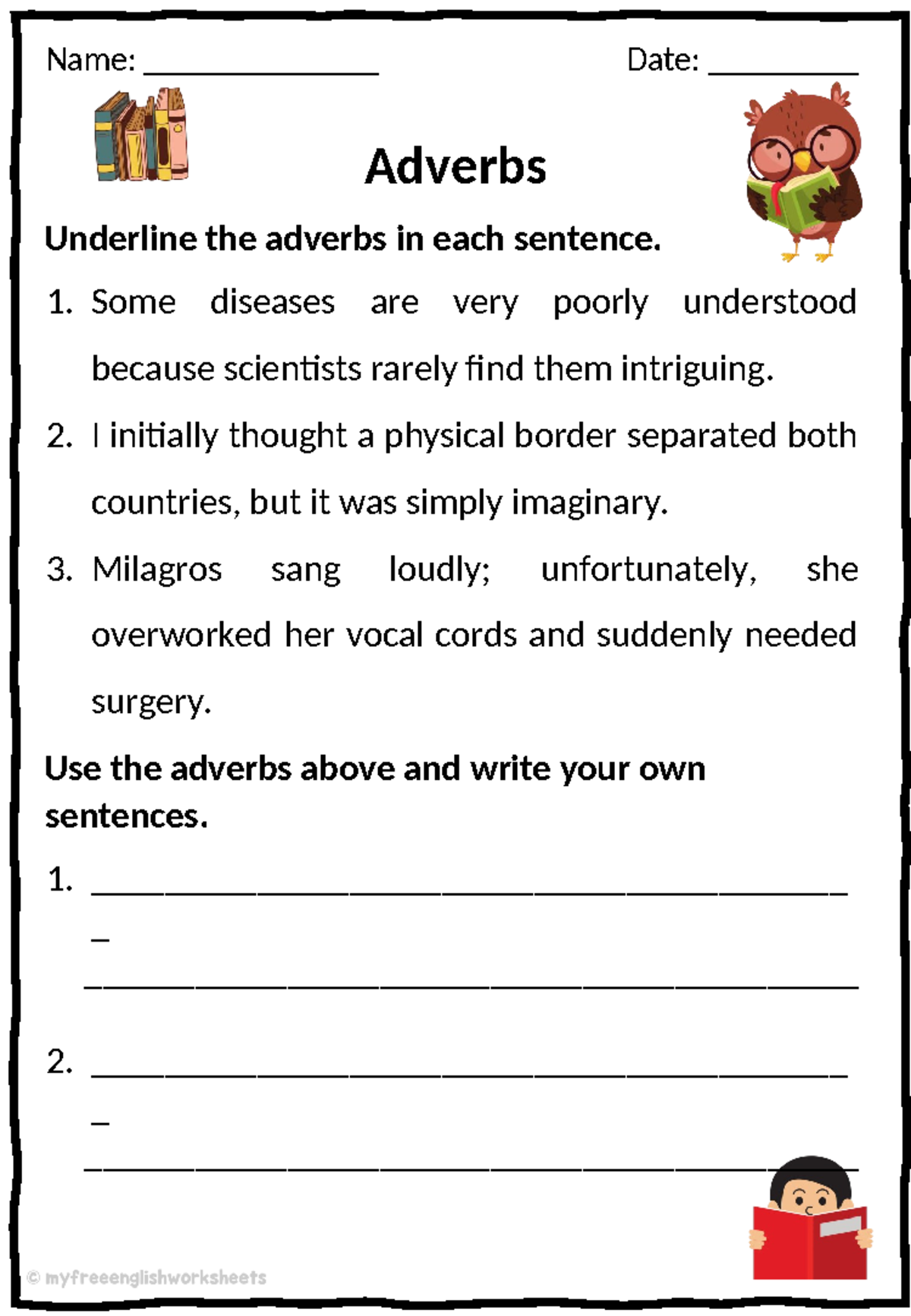 Adverbs Worksheet 7 Underline Rewrite - Name: ______________ Date: _________ Adverbs Underline ...