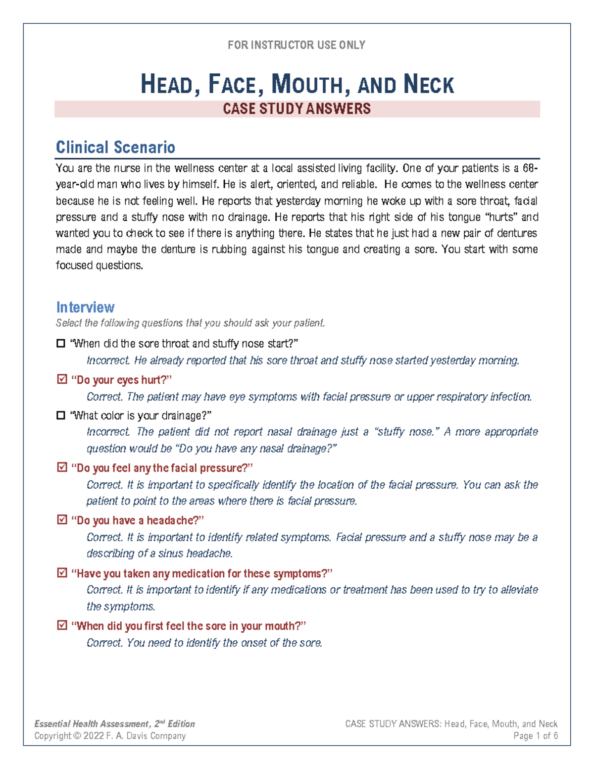 Head, Face, Mouth, & Neck Assessment - Case Study Answers (Ess Health ...