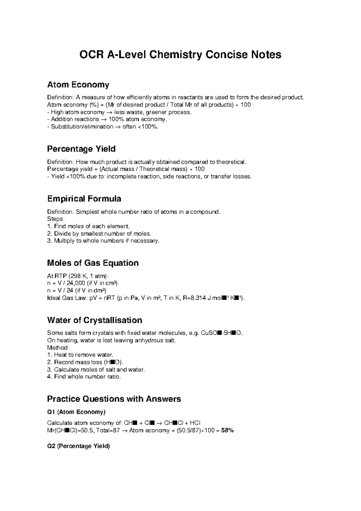 OCR A Chemistry Notes: Atom Economy, Yield, and Empirical Formula - Studocu