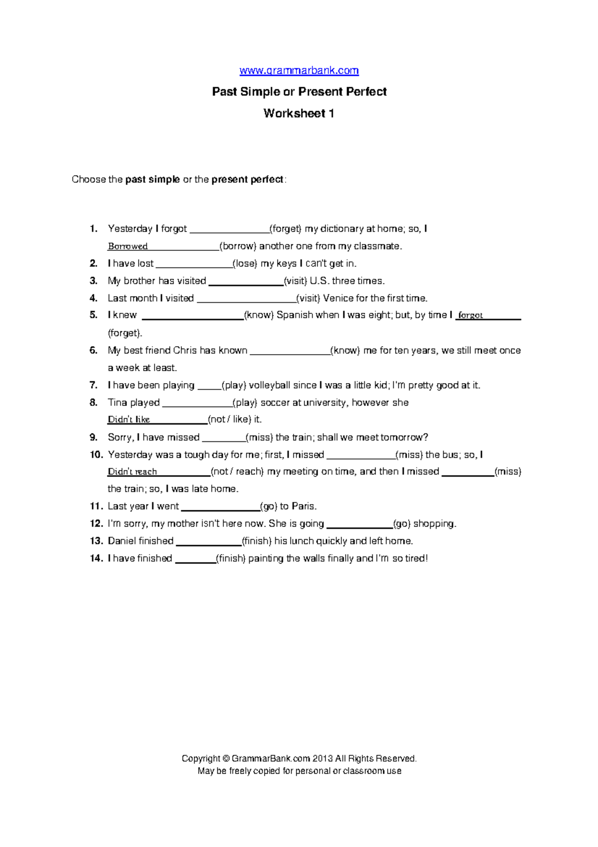 Past simple vs present perfect worksheet 1 - Copyright © GrammarBank ...