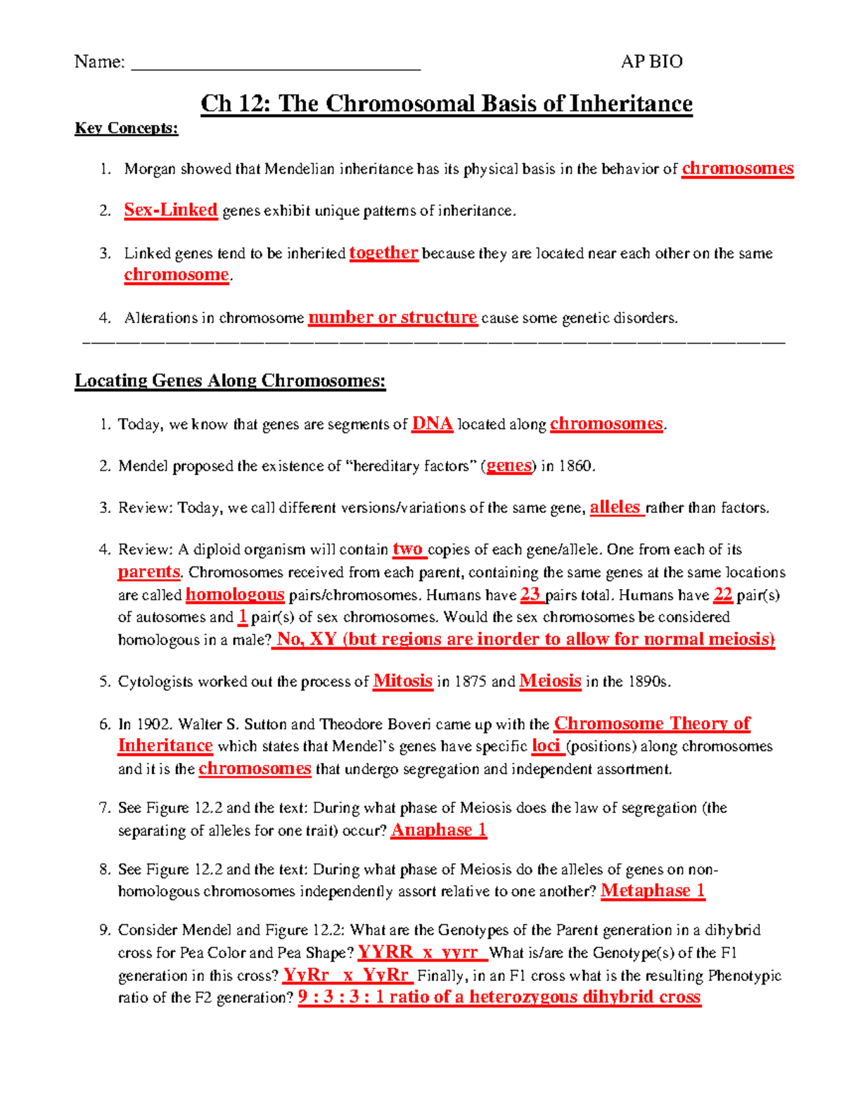 AP BIO Ch 12: Key Concepts of Chromosomal Inheritance (2017-1) - Studocu