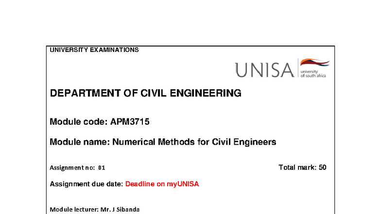 APM3715 Numerical Methods Assignment 1 Guidelines - Studocu