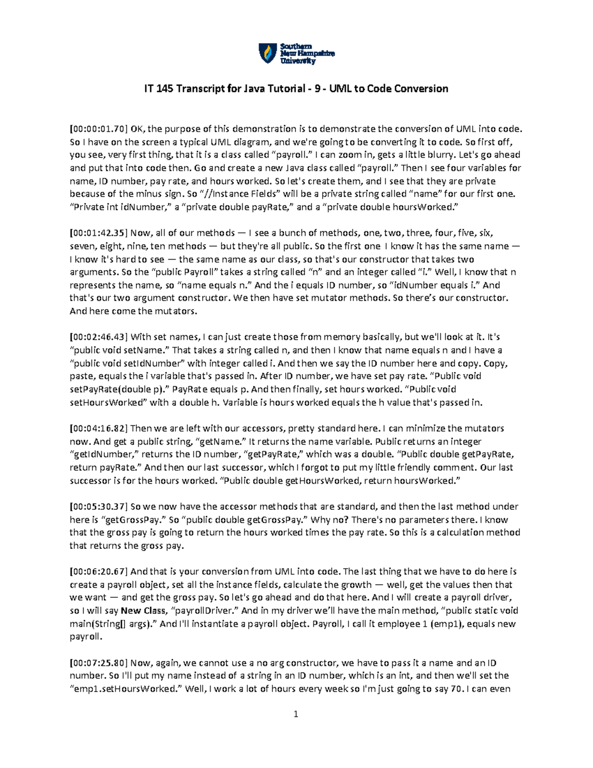 IT 145 Java Tutorial - 9: UML to Code Conversion Transcript - Studocu