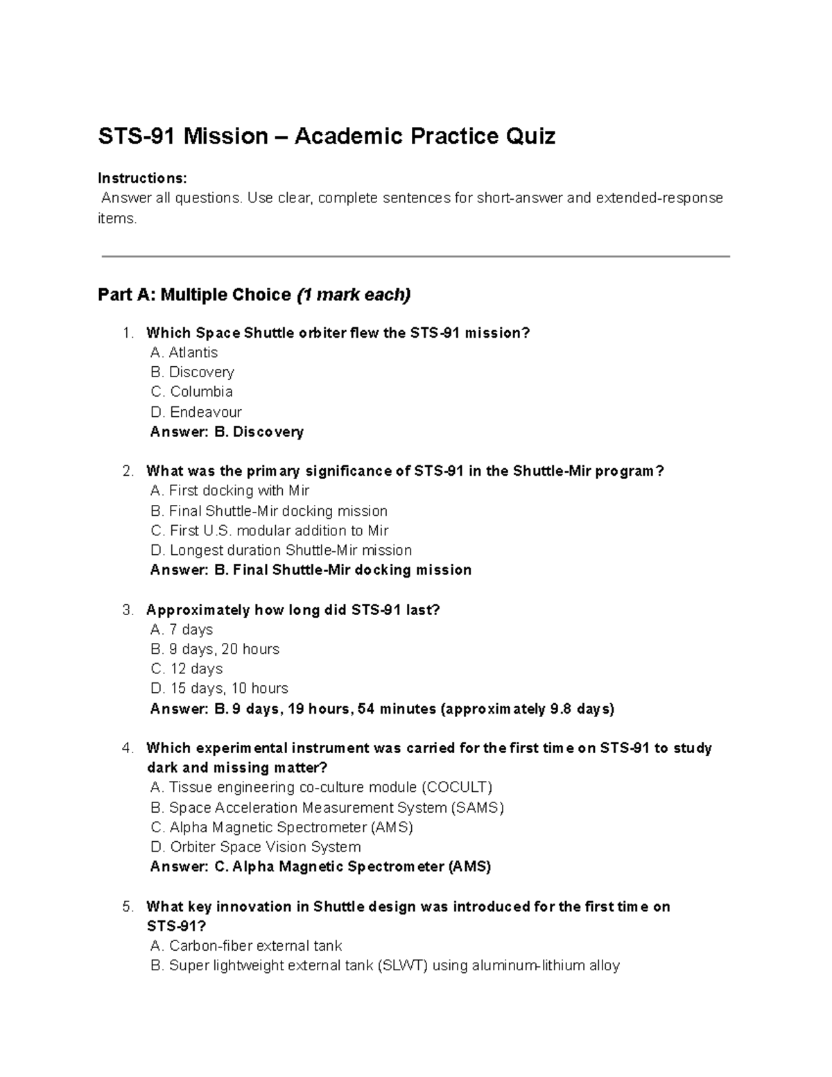 STS-91 Mission Academic Practice Quiz: Questions & Answers - Studocu