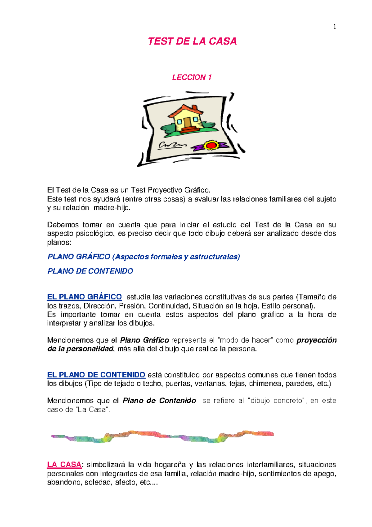 Interpretación del Test de la Casa - LECCIÓN 1 y 2 - Studocu
