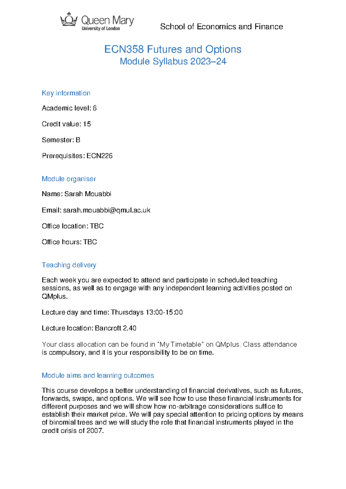 ECN358 Futures and Options Module Syllabus Overview - Studocu