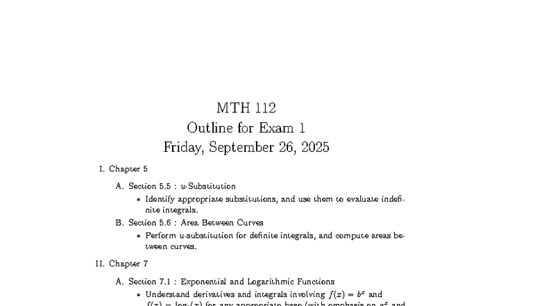 MTH 112 Exam 1 Outline: Integration Techniques & Applications - Studocu