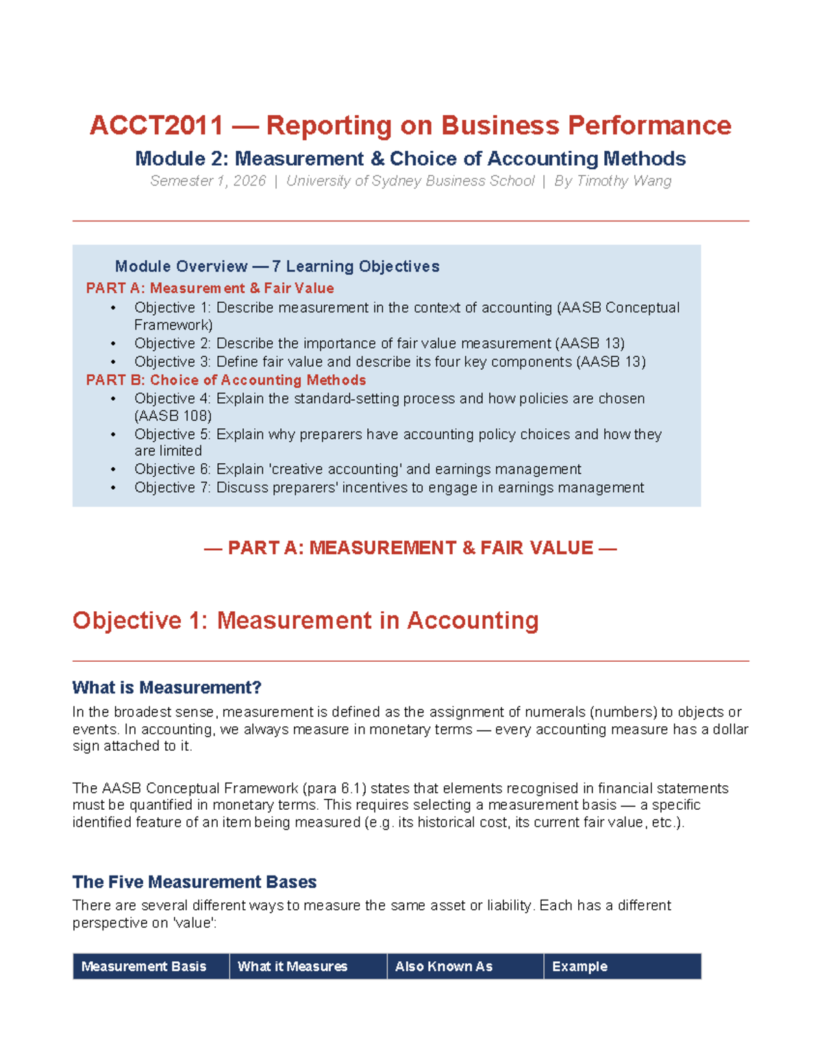 ACCT2011 Module 2: Measurement & Accounting Methods Overview - Studocu
