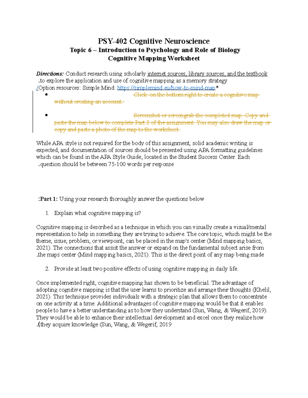 PSY-402 Cognitive Mapping Worksheet: Enhancing Memory Strategies - Studocu