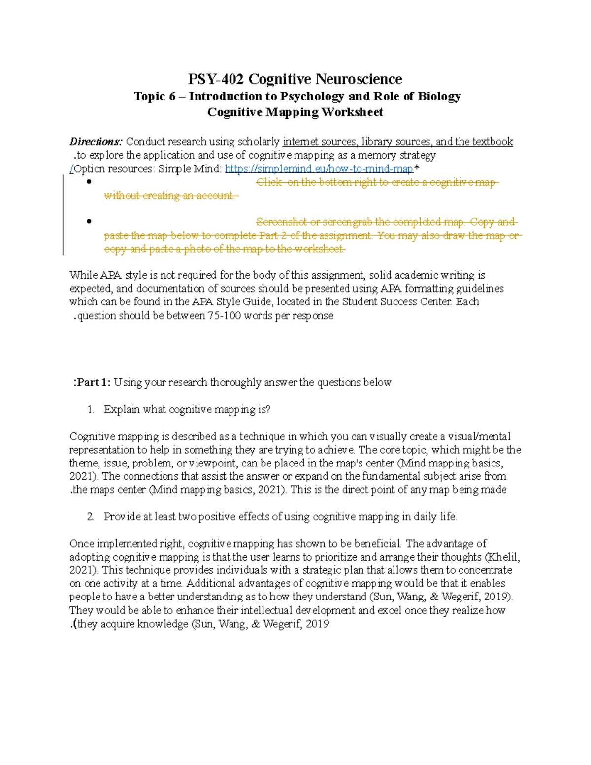 PSY 402 RS Cognitive Mapping Worksheet and Application Guide - Studocu