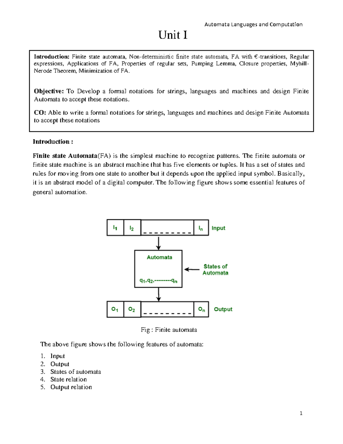 ALC UNIT I - Automata Theory and Computation Unit 1 Notes - Unit I ...
