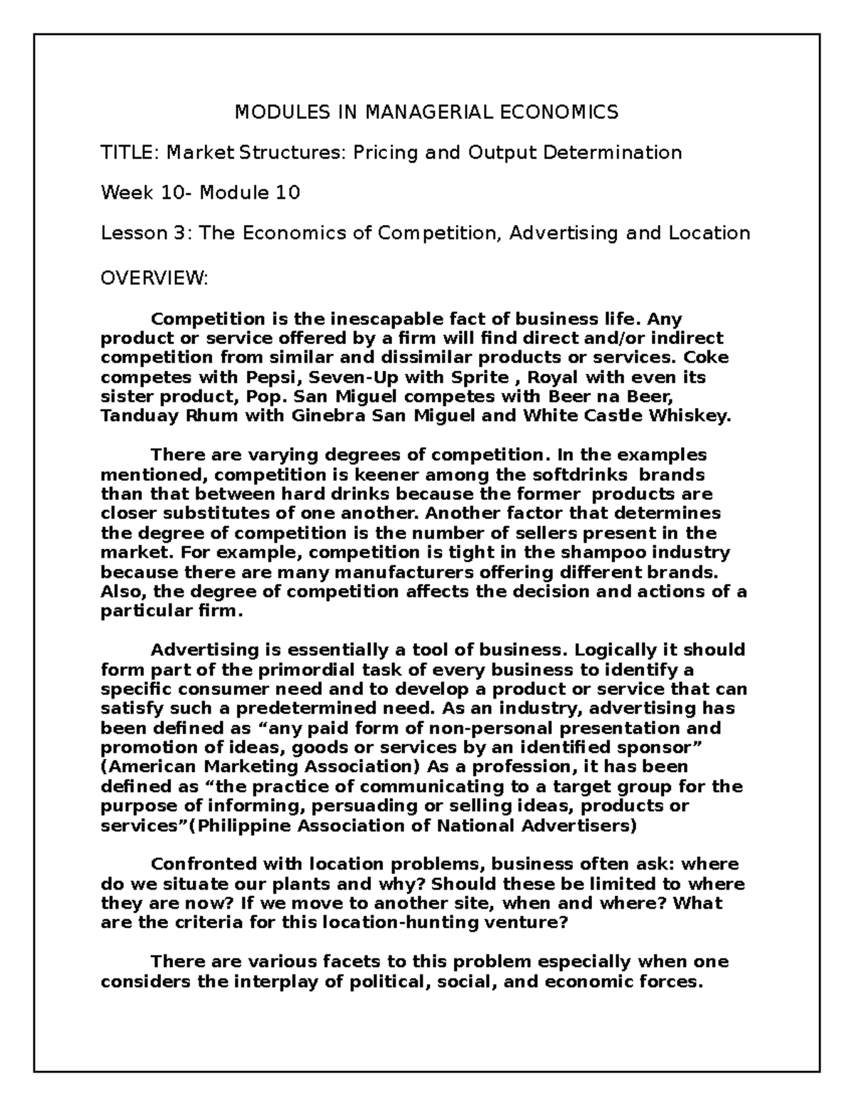 10-3 - Module - MODULES IN MANAGERIAL ECONOMICS TITLE: Market ...