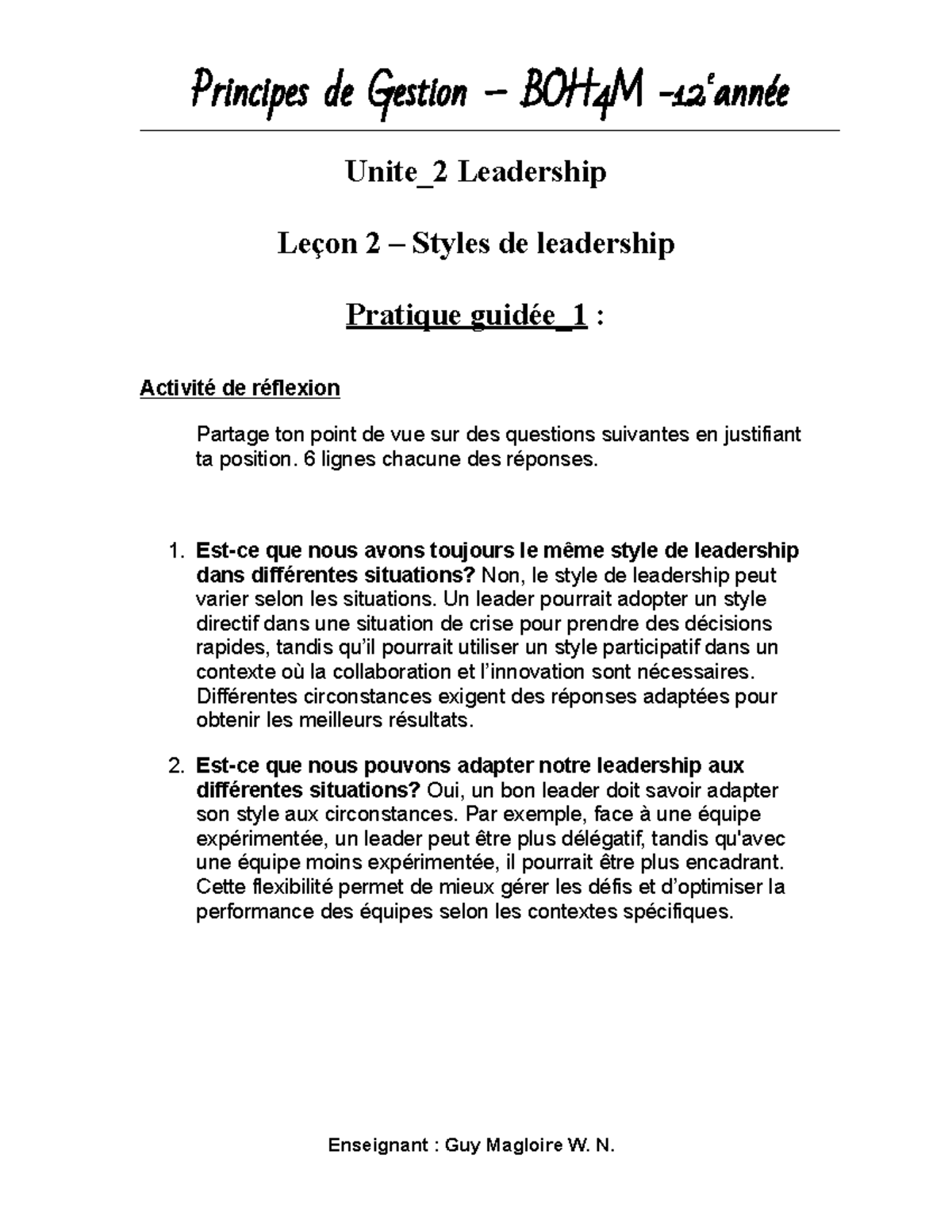 Unite 2 Leadership lecon 2 pratique guidée 2022 - Principes de Gestion ...