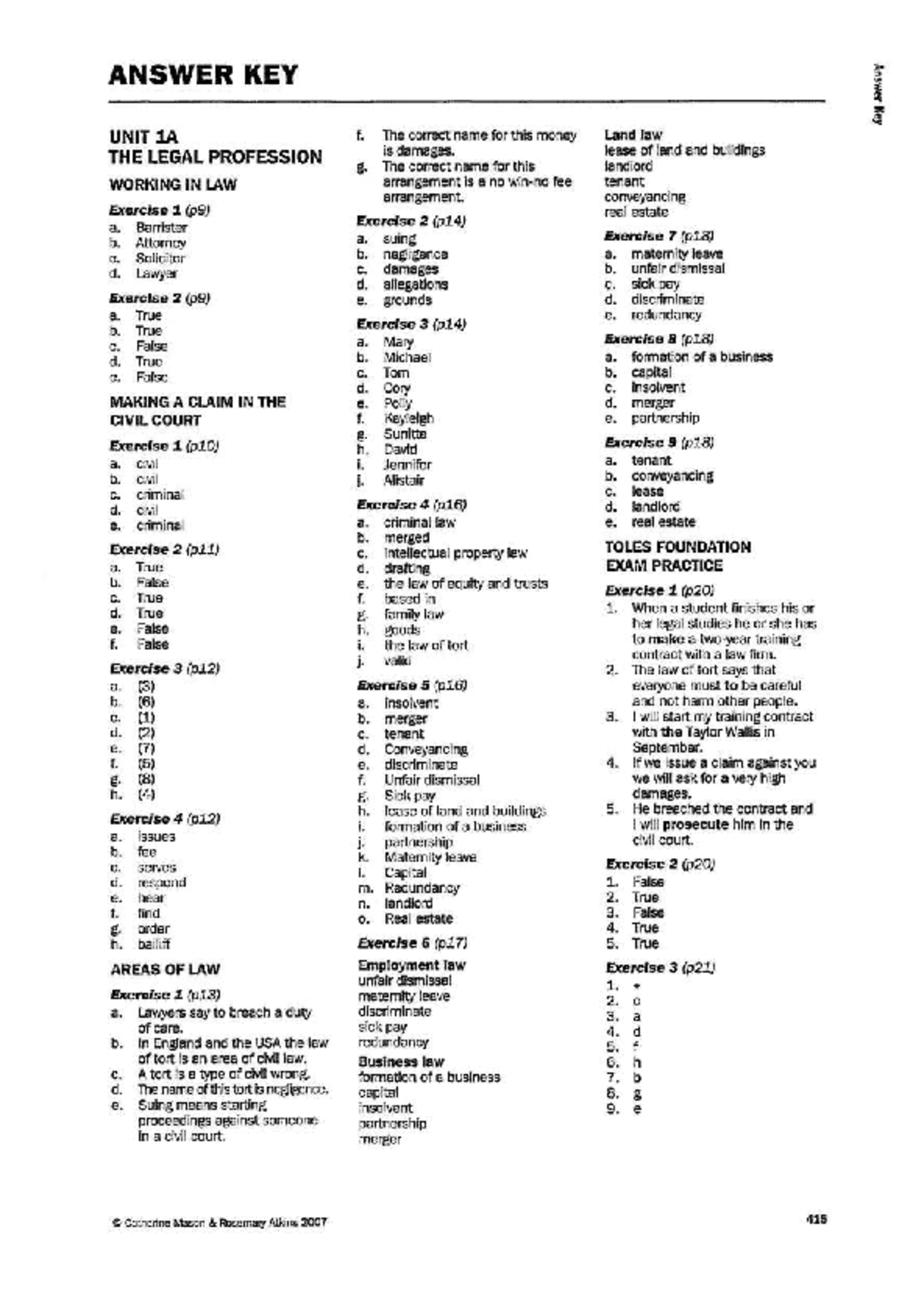 TOLES FOUNDATION Legal English Language Coursebook Answer Key (Units 1A ...