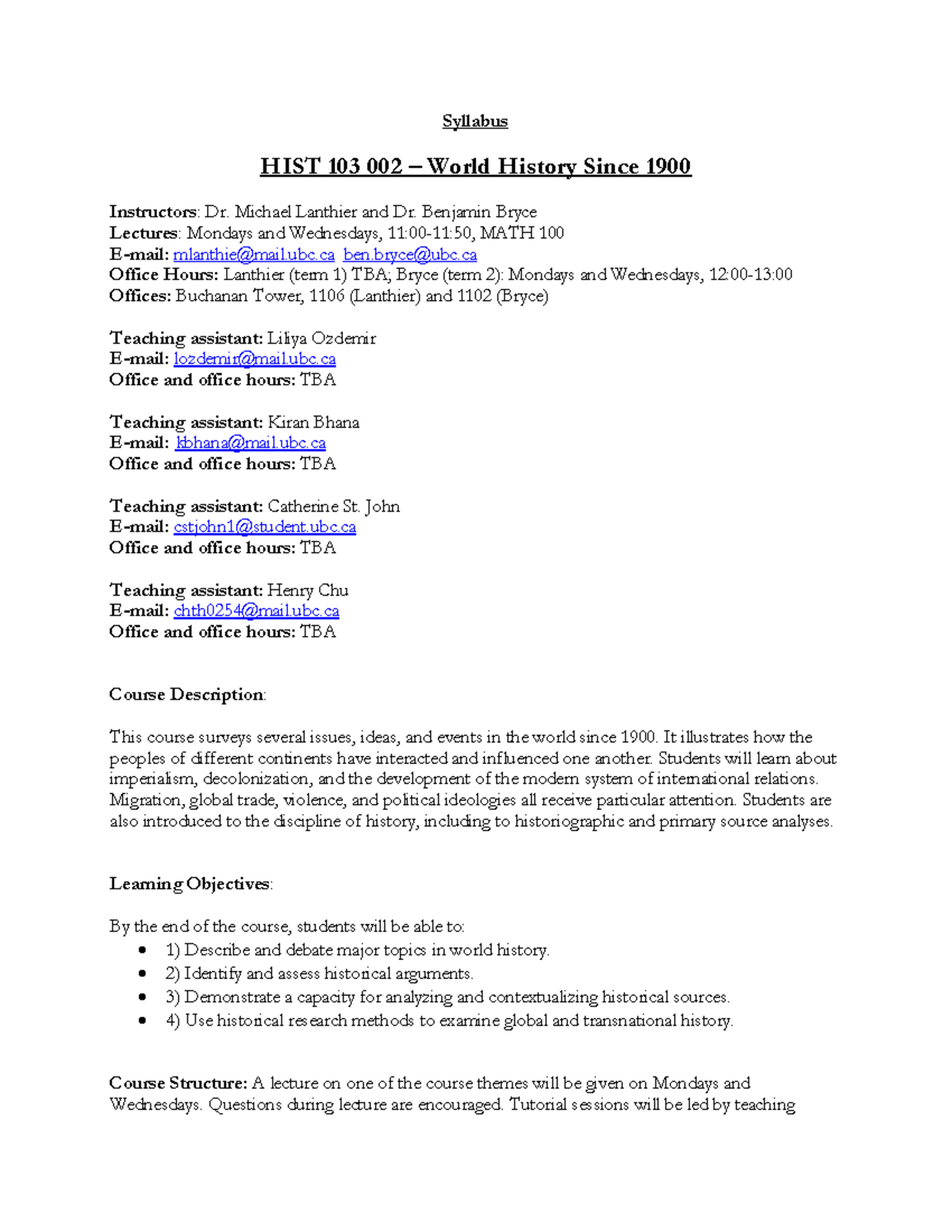 Syllabus for HIST 103 002: World History Since 1900 (2024-25) - Studocu