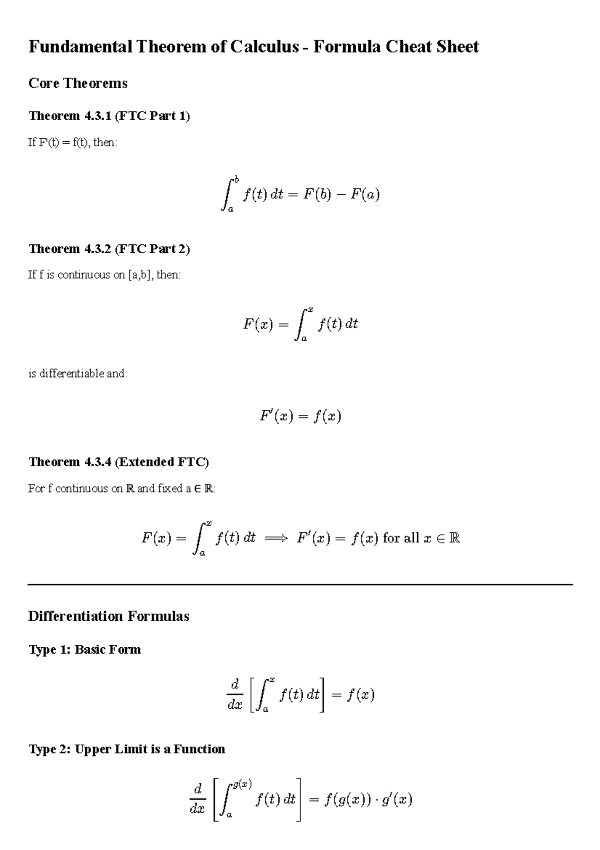 Fundamental Theorem of Calculus - Formula Cheat Sheet (MATH 101) - Studocu