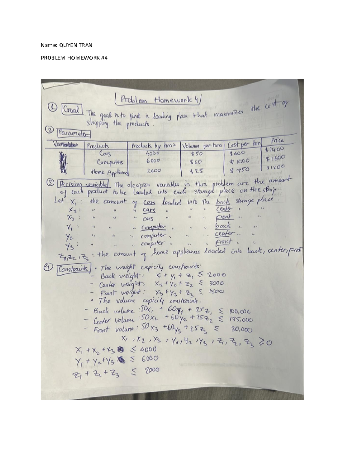 Hw4 - Hw4 - PROBLEM HOMEWORK Problem Homework 4 1 Goal the cost of The goal is to find a loading ...