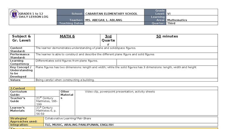 MATH 6 Daily Lesson Log: Understanding Plane & Solid Figures - Studocu