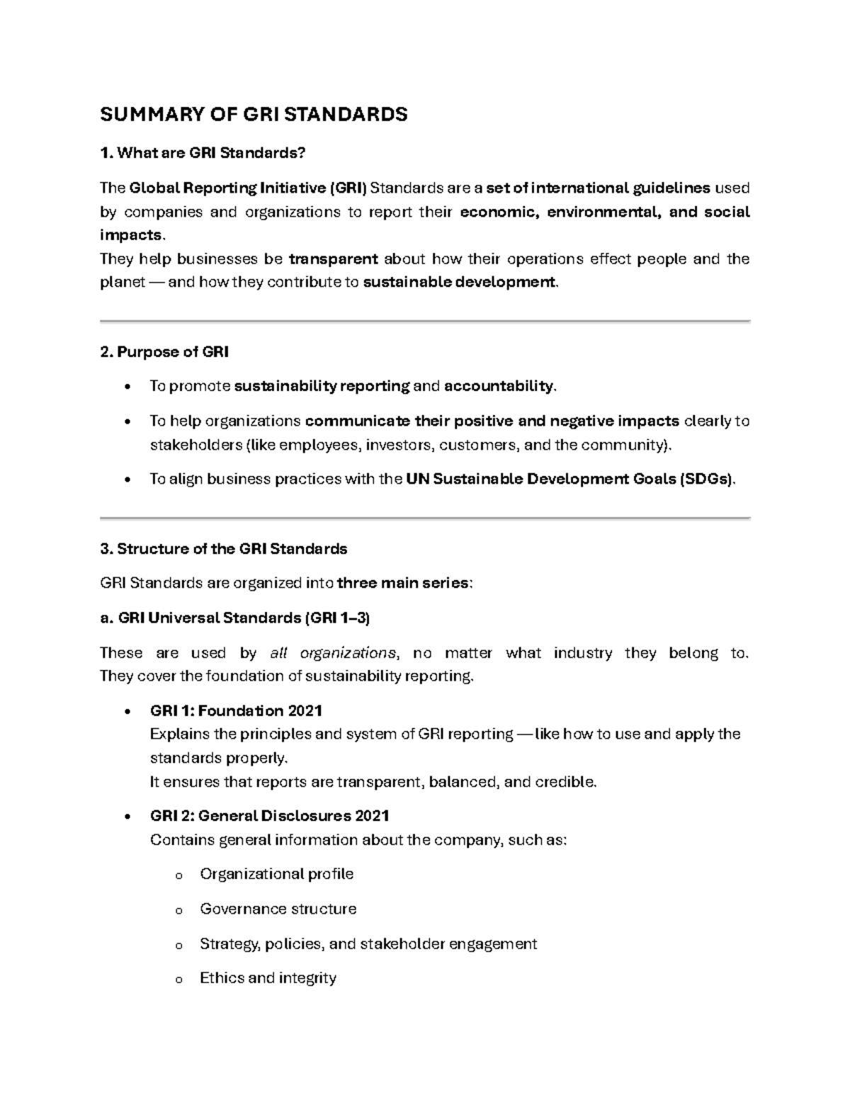 Summary of GRI Standards: Guidelines for Sustainability Reporting - Studocu