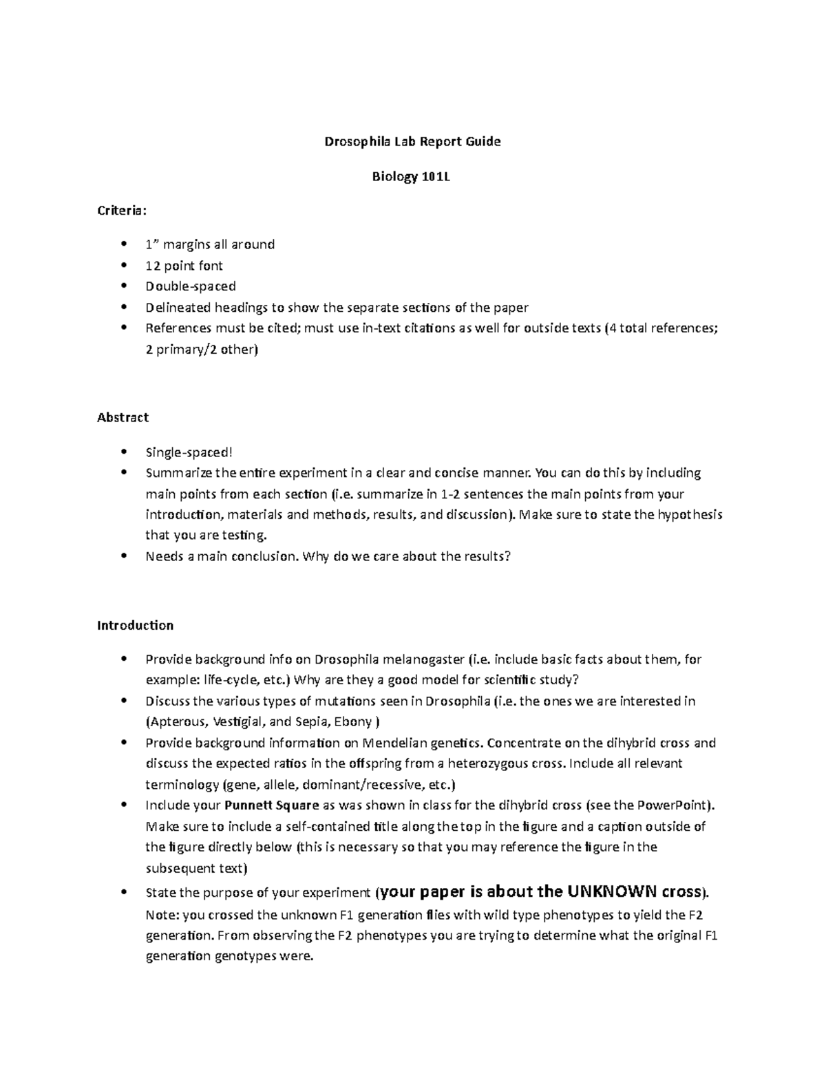 Biology 101L Drosophila Lab Report Writing Guide and Criteria - Studocu