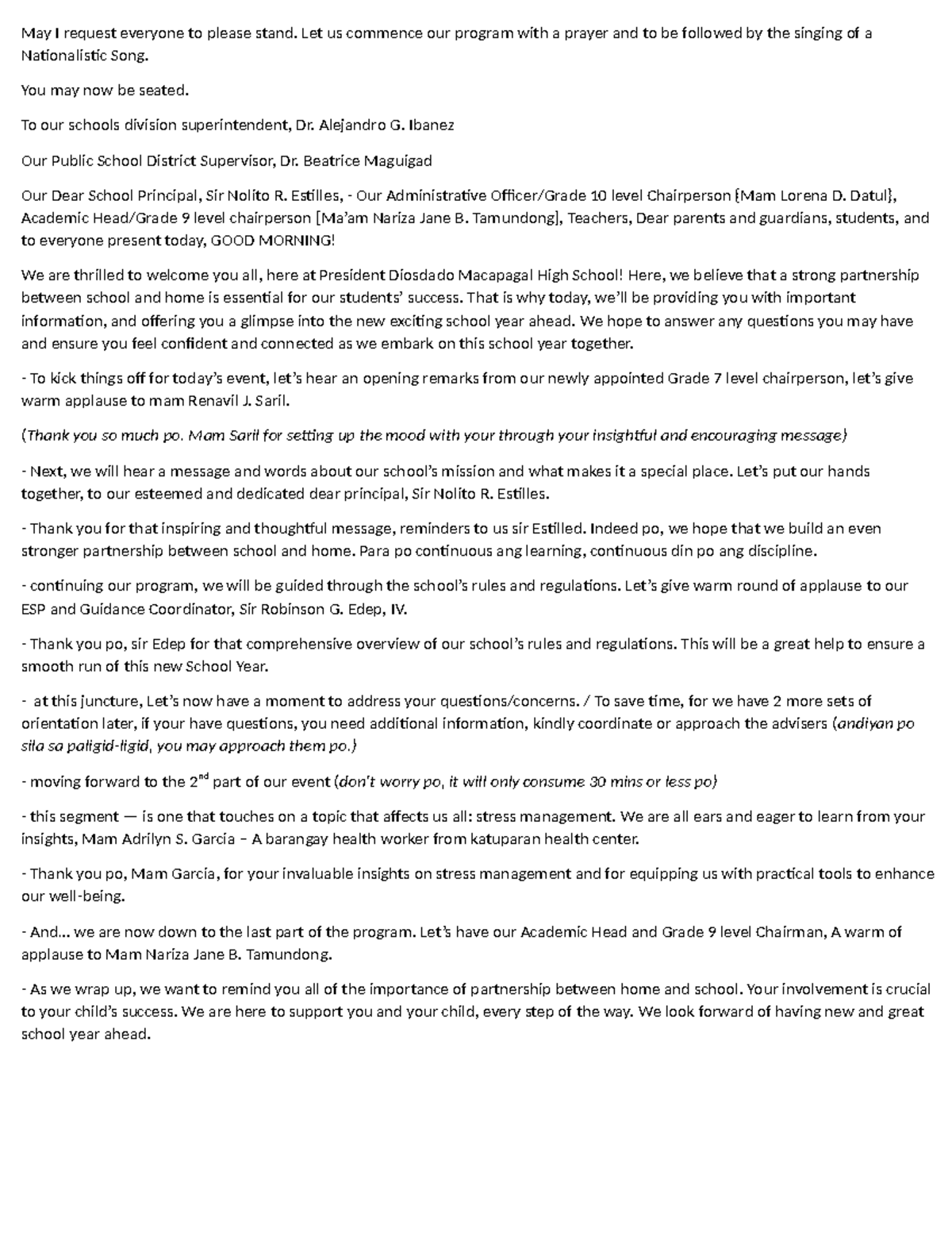 Parents Orientation Emcee (MC) Script for New School Year - Studocu