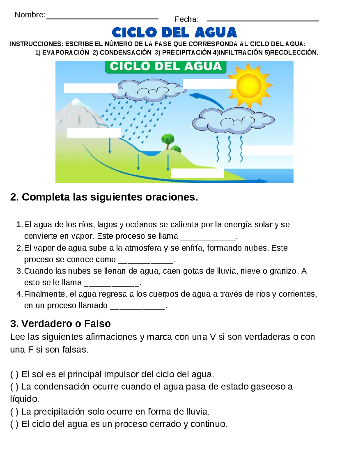 Hoja de trabajo Ciclo del agua lúdico colorido - INSTRUCCIONES: ESCRIBE ...