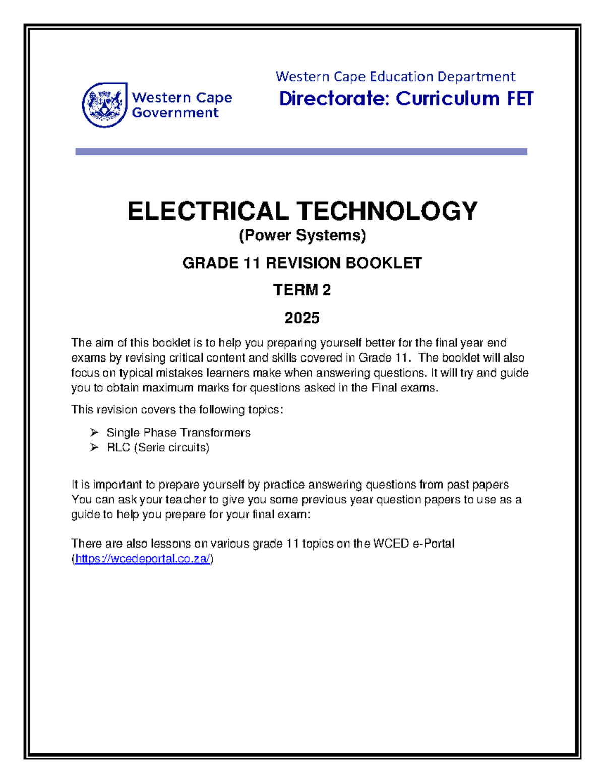 Electrical Technology (Power Systems) GRADE 11 Term 2 2025 Revision ...