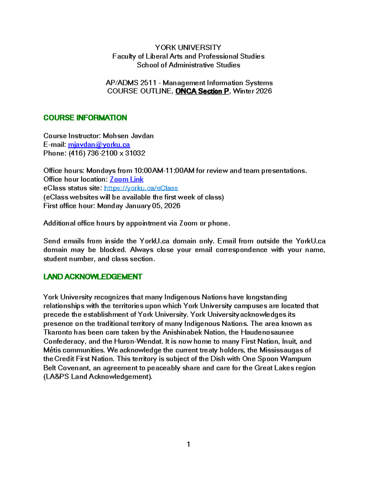 ADMS 2511 P Winter 2026: Management Information Systems Course Outline ...