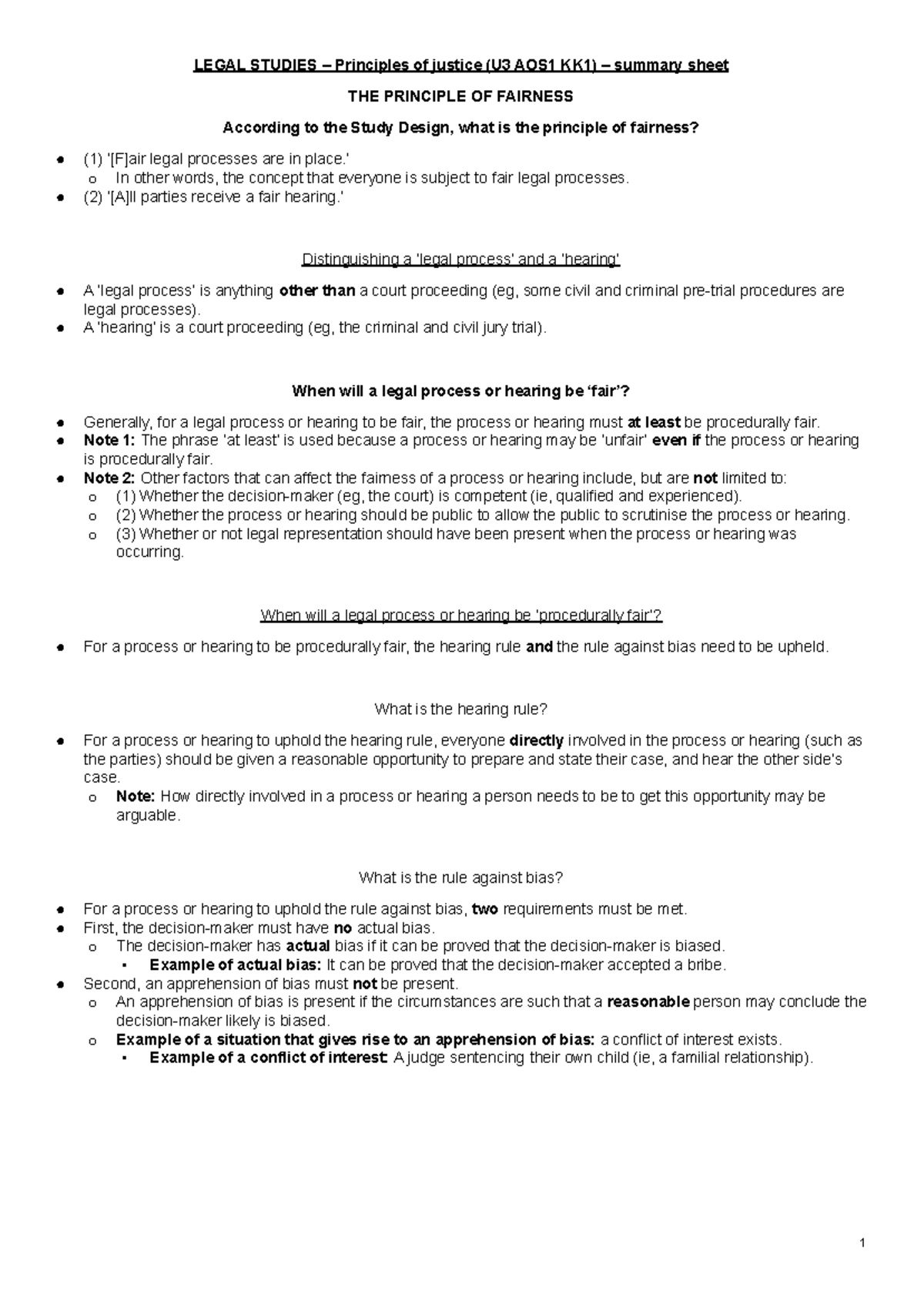 U3 AOS1 KK1 - Principles of Justice Summary Sheet - Studocu