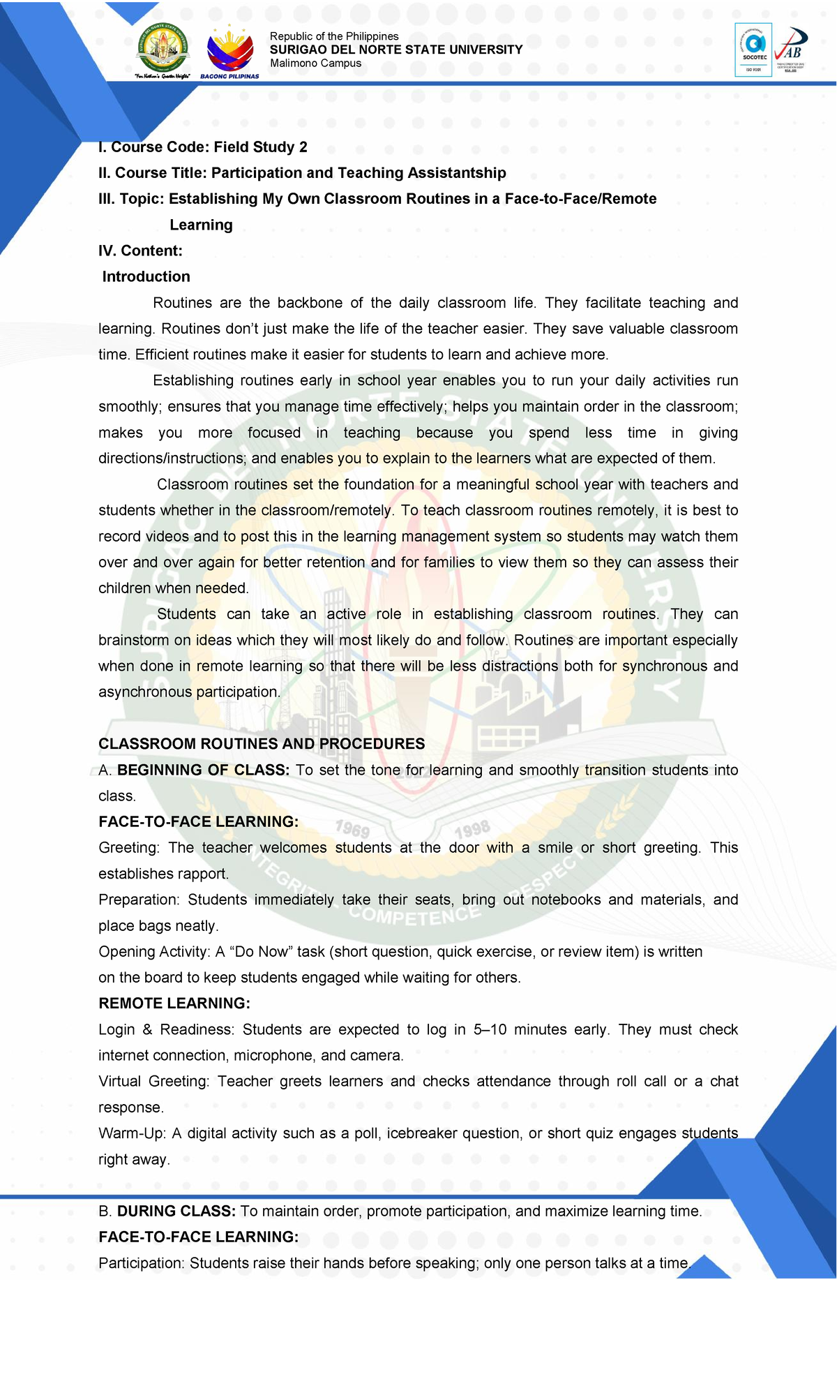 Field Study 2: Establishing Classroom Routines & Procedures 105007 ...