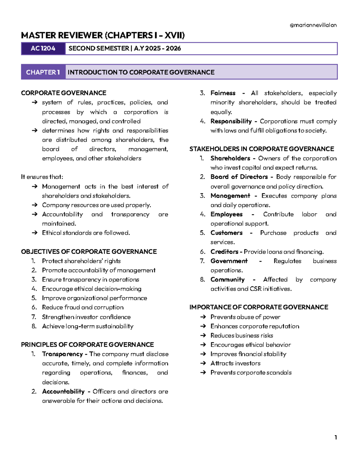 AC 1204 Master Reviewer: Corporate Governance Overview and Key Concepts ...