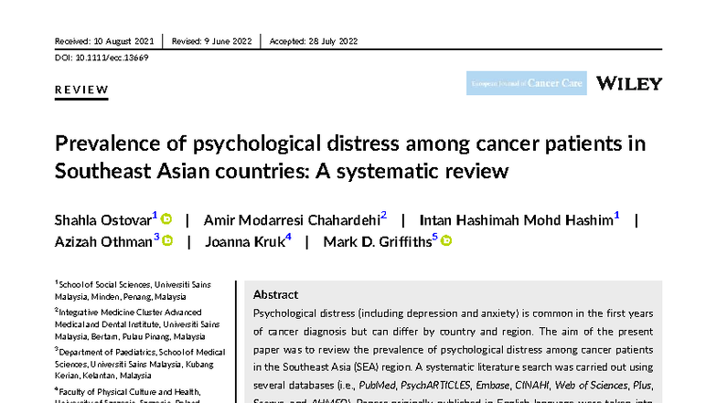 Prevalence of Psychological Distress in Cancer Patients: A SEA Review ...