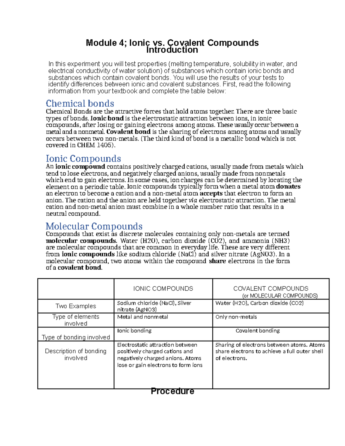 CHEM 1405: Ionic vs. Covalent Bond Properties - Lab Report - Studocu