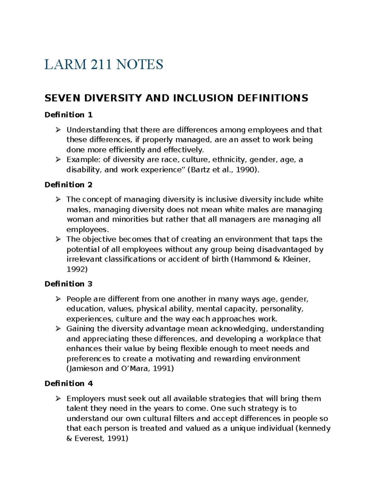 LARM 211 Final Exam Notes: Diversity and Inclusion Definitions - Studocu