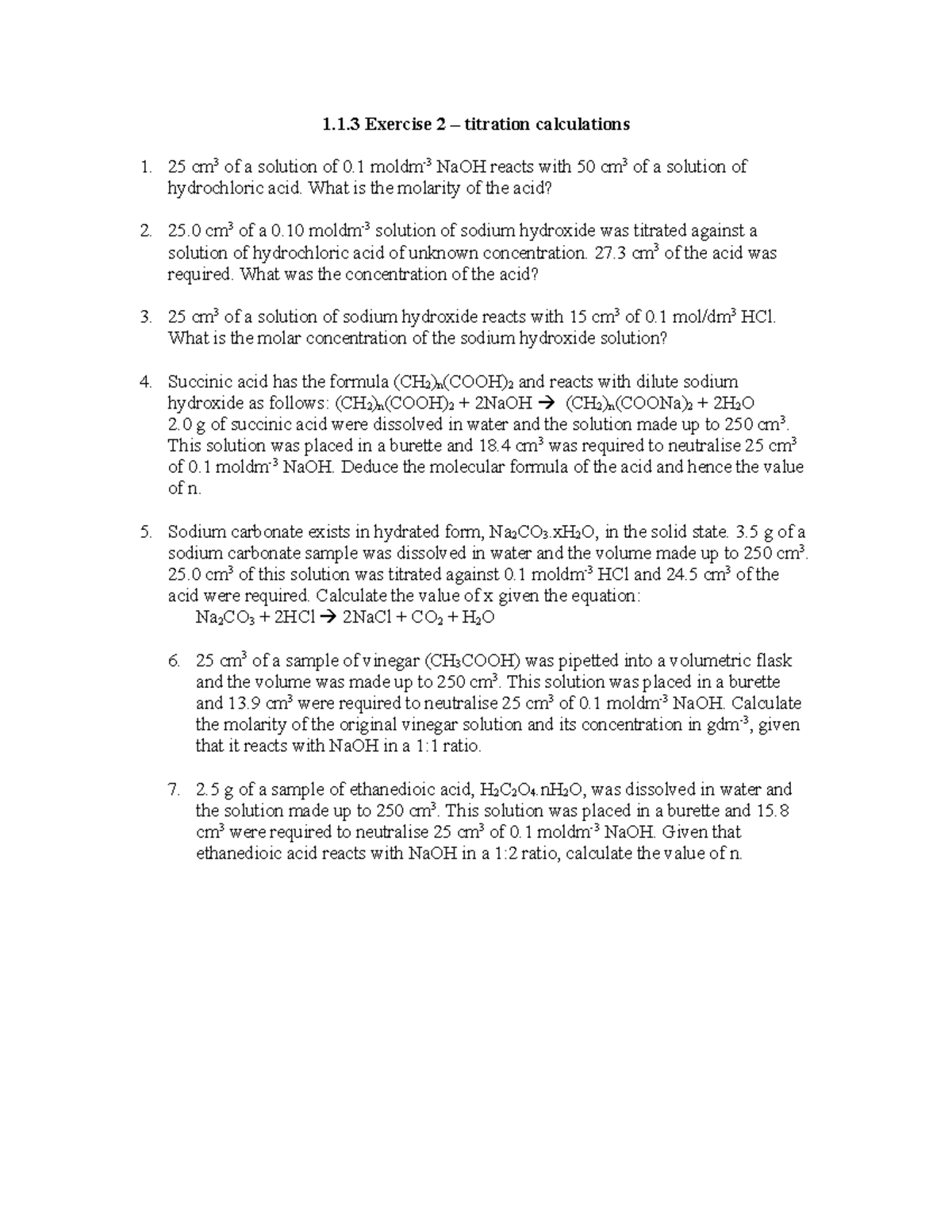 Titration Calculations Worksheet