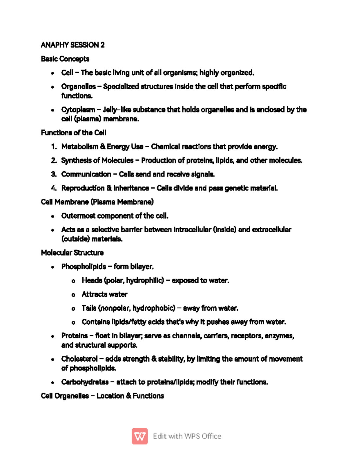 Anaphy 2: Cell Structure & Function Overview Handout - Studocu