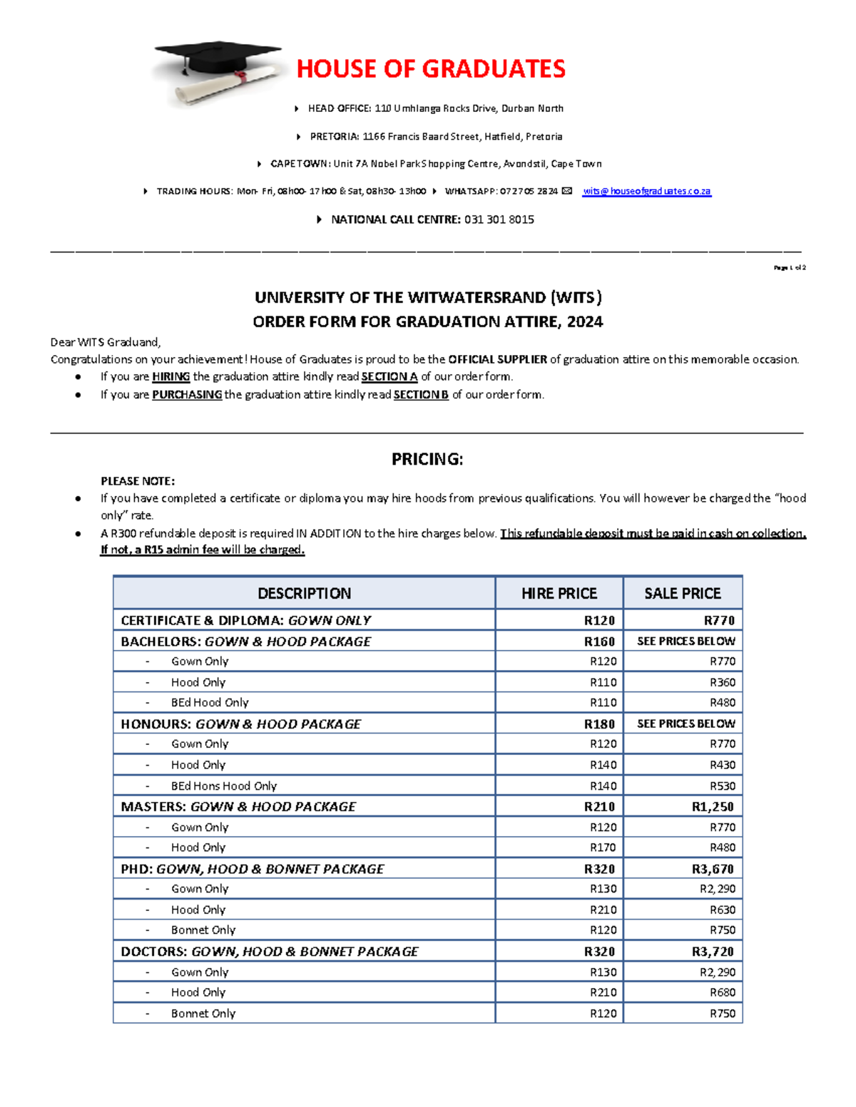 WITS Graduation Attire Pricelist 2024 - House of Graduates - Studocu