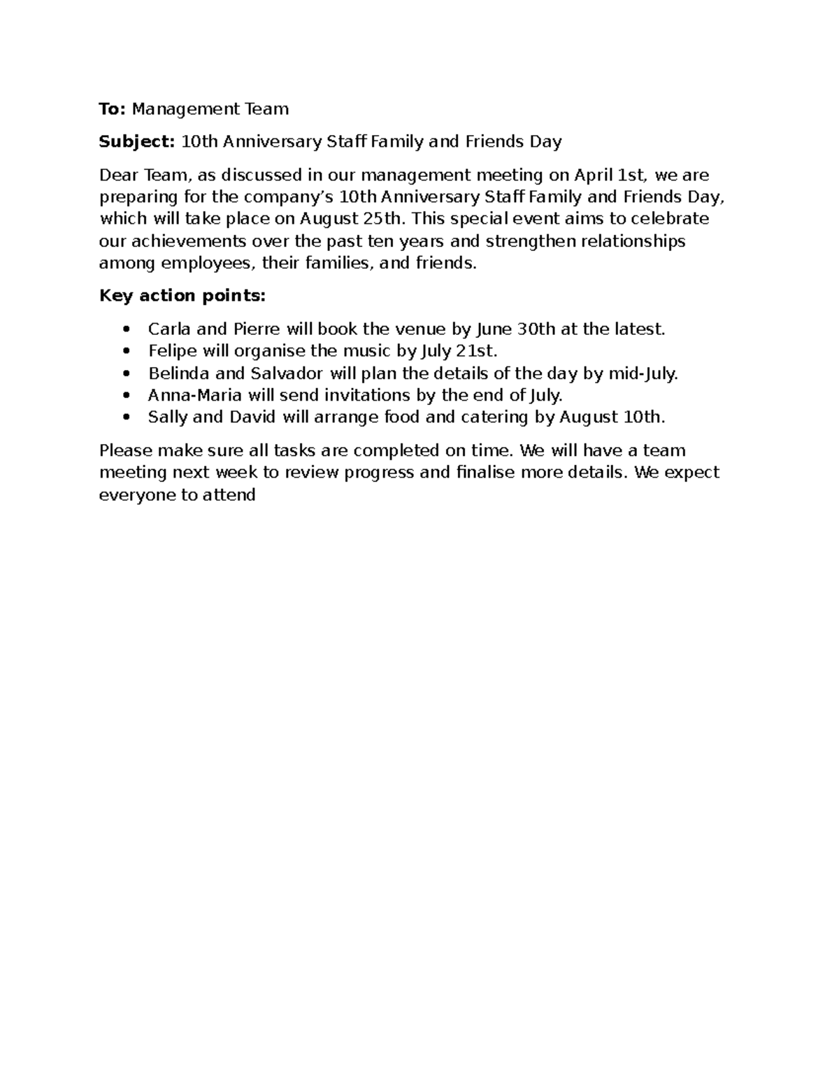 10th Anniversary Staff Family and Friends Day Action Points - Studocu