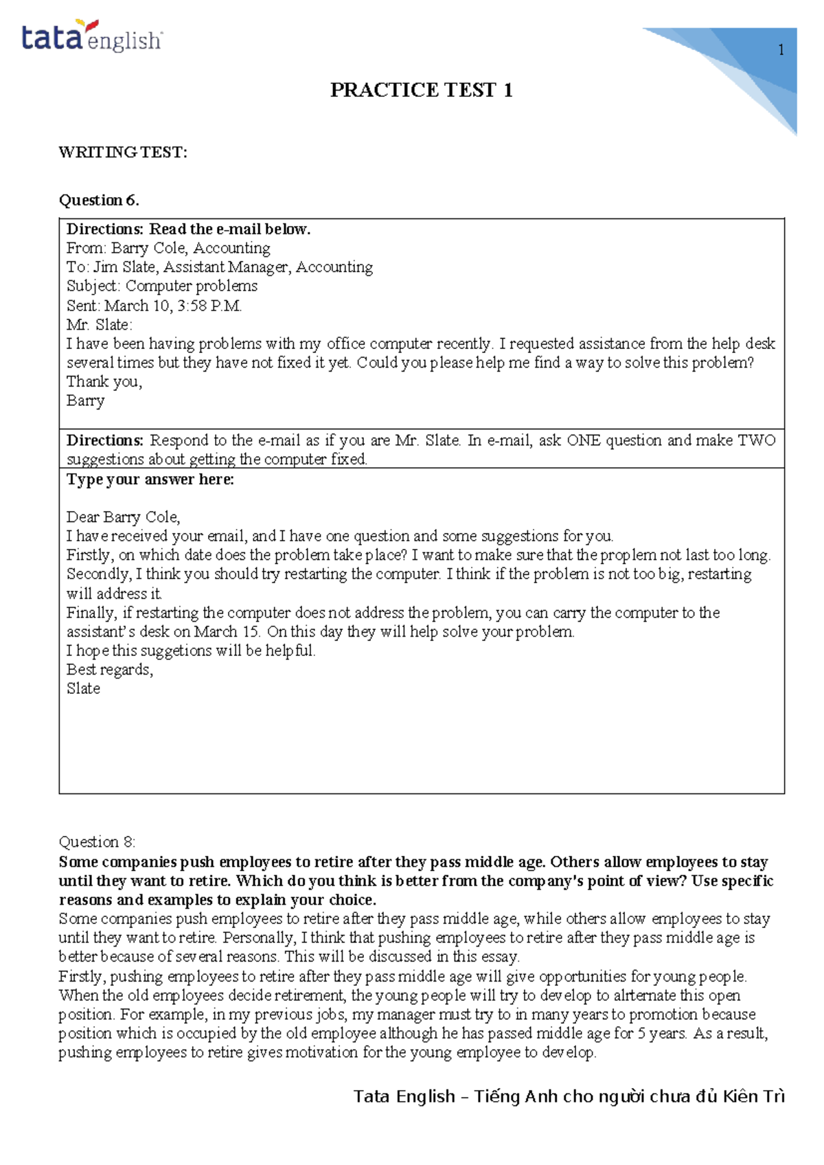 1 PRACTICE TEST 1 WRITING TEST: Email Response & Essay Analysis - Studocu
