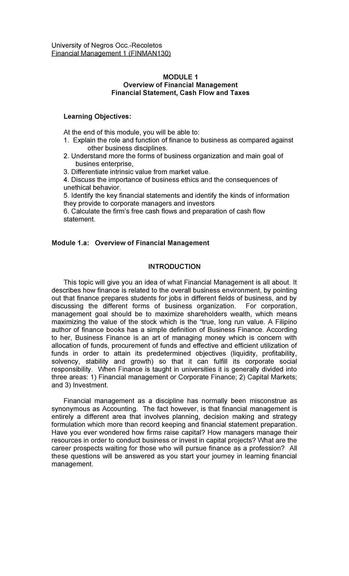 FINMAN130: Module 1 Overview of Financial Management and Cash Flow - Studocu