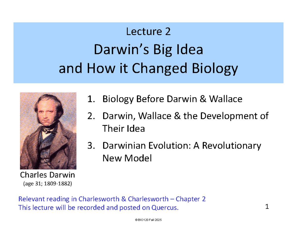 BIO120 Fall 2025 Lecture 2: Evolutionary Ideas of Darwin & Wallace ...