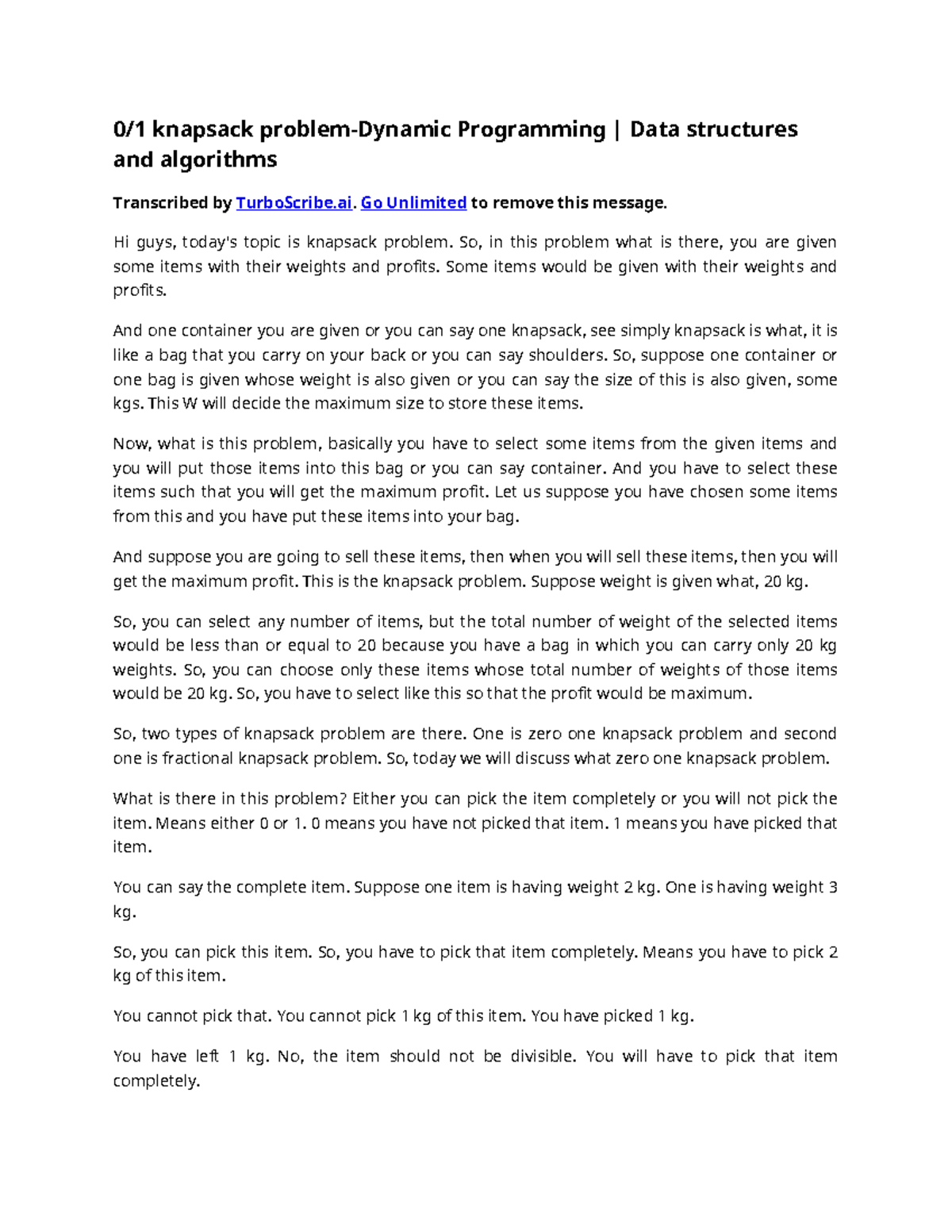 Knapsack Problem: Understanding 0/1 and Fractional Approaches - Studocu